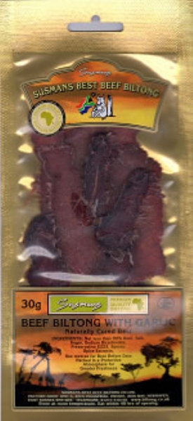 Beef Biltong Garlic 30gm pre-pack | Susmans Best Beef Biltong Company Ltd